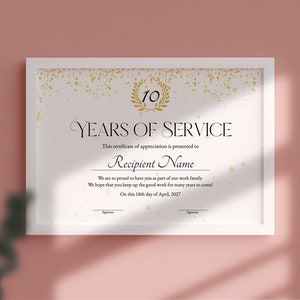 10 Years of Service Anniversary Award Certificate of Appreciation ...