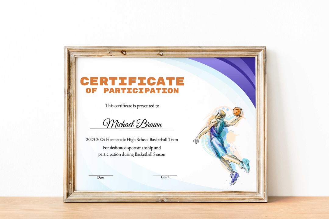Basketball Award Certificate Editable Sports Template, Printable Award ...