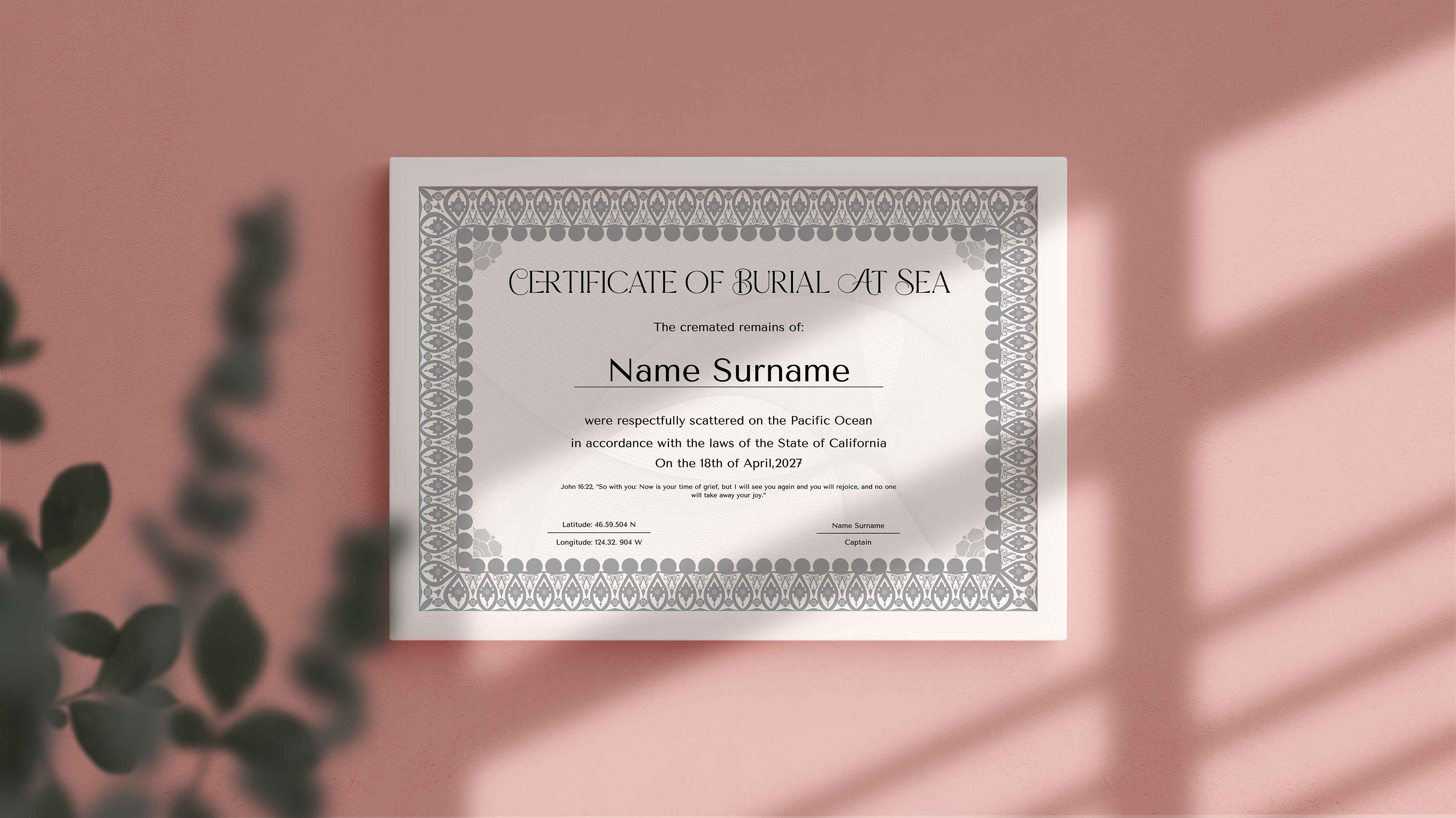 Certificate of Burial at Sea, Spreading Ashes at Sea, Sea Scattering ...