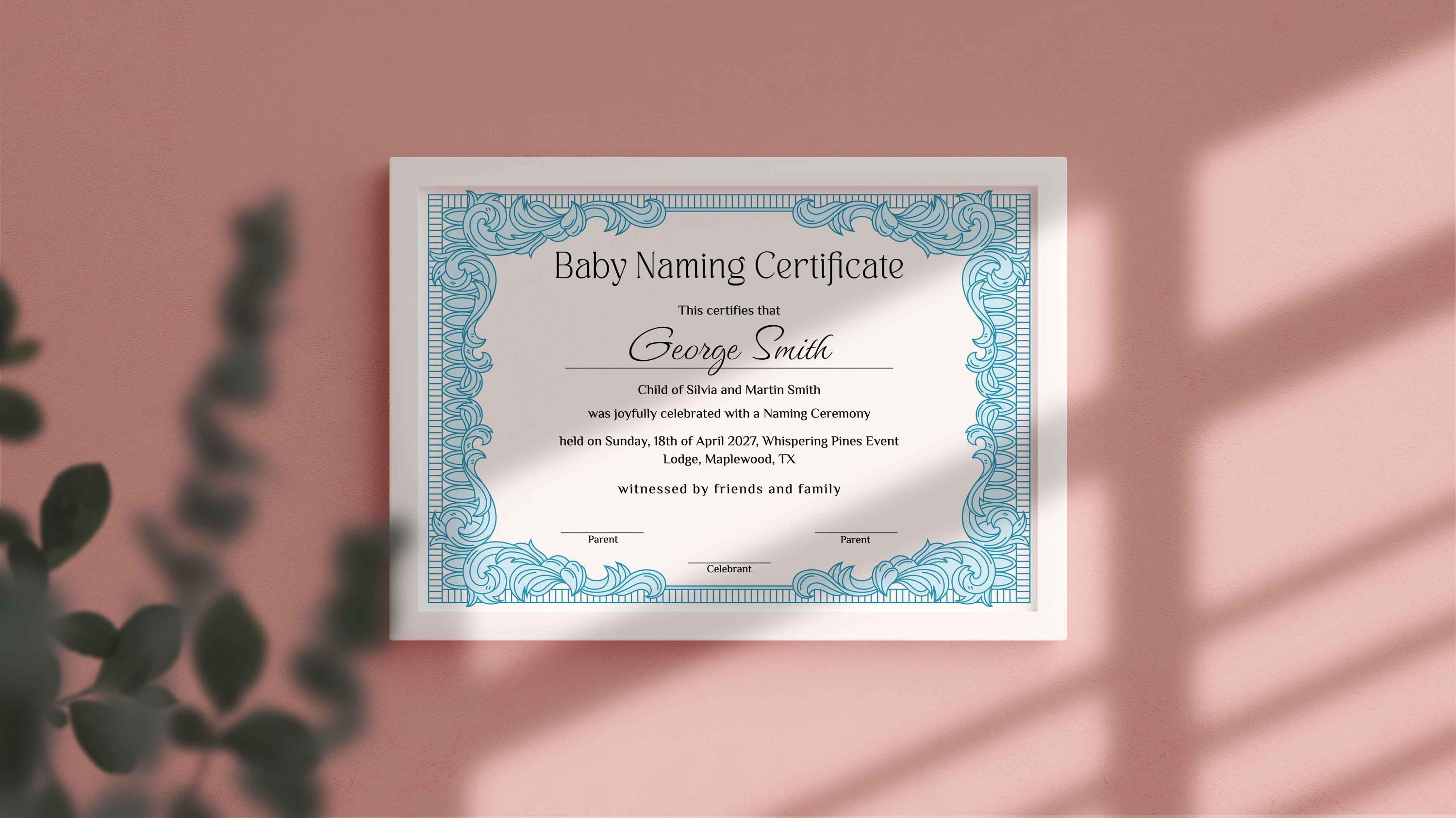 Editable Baby Boy Naming Certificate Template Printable Blue ...