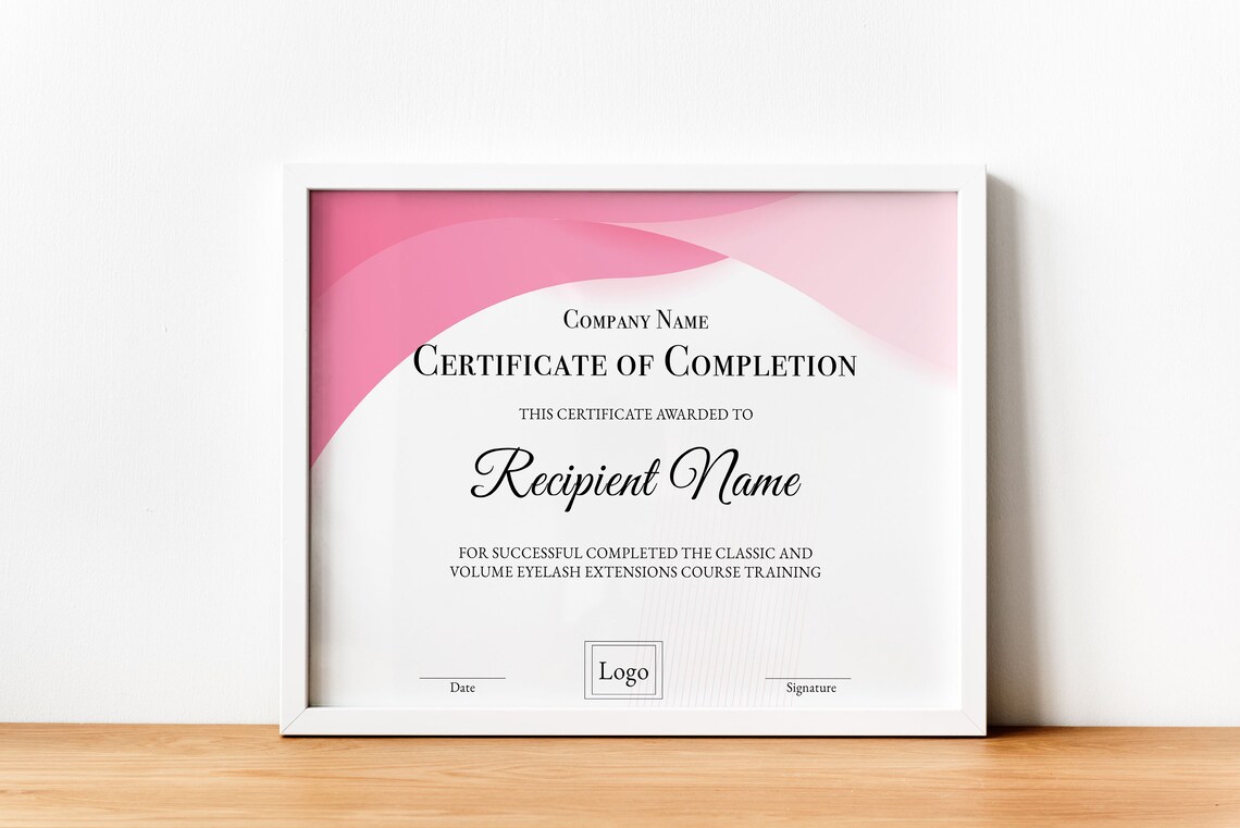 Editable Lashes Certificate, Beauty Training Certificate Template, Pink ...