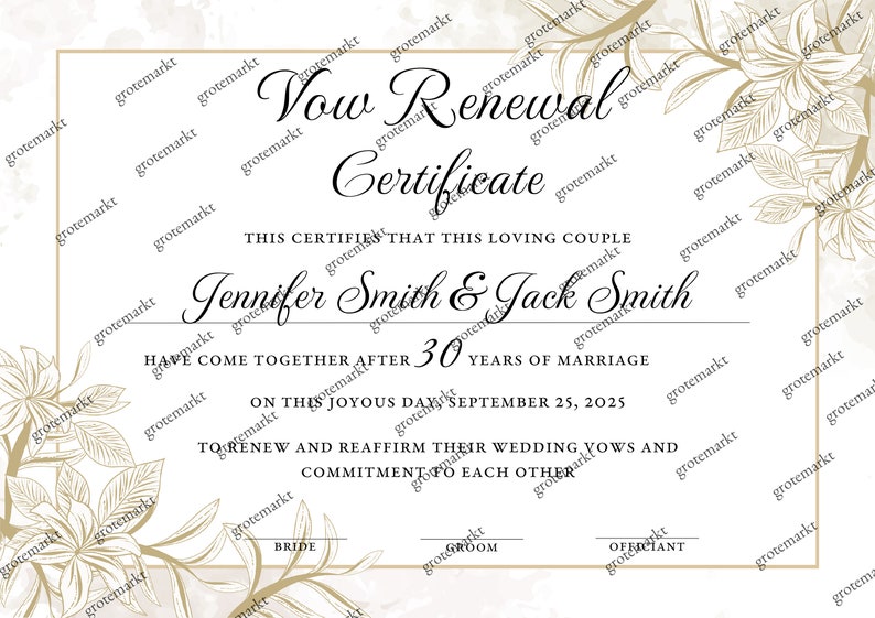 Gold Floral Vow Renewal Certificate, Editable Printable Wedding ...