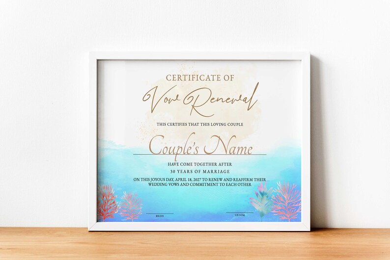 Beach Vow Renewal Certificate Template, Beach Ceremony Keepsake ...