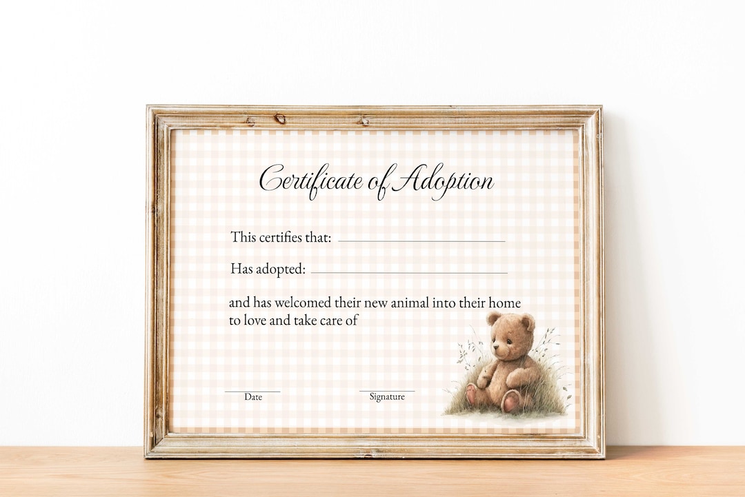 Adoption Certificate for Stuffed Animal, Teddy Bear Adoption ...