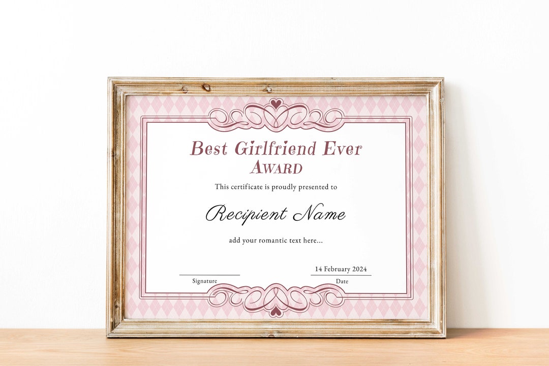 Valentines Day Best Girlfriend Ever Award Certificate Template ...