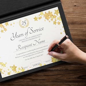 25 Years of Service Anniversary Award Certificate of Appreciation ...