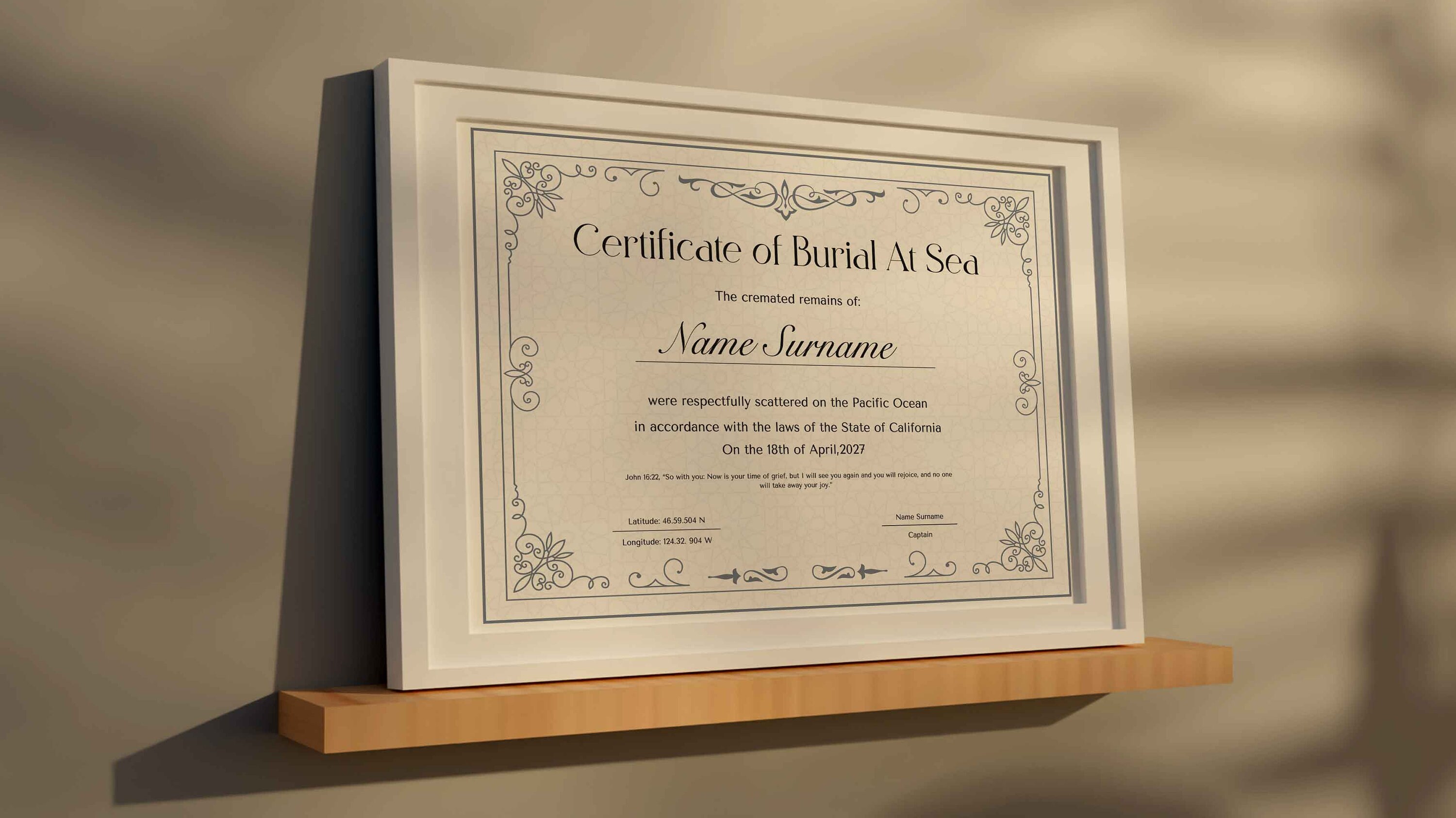 Certificate of Burial at Sea, Spreading Ashes at Sea, Sea Scattering ...
