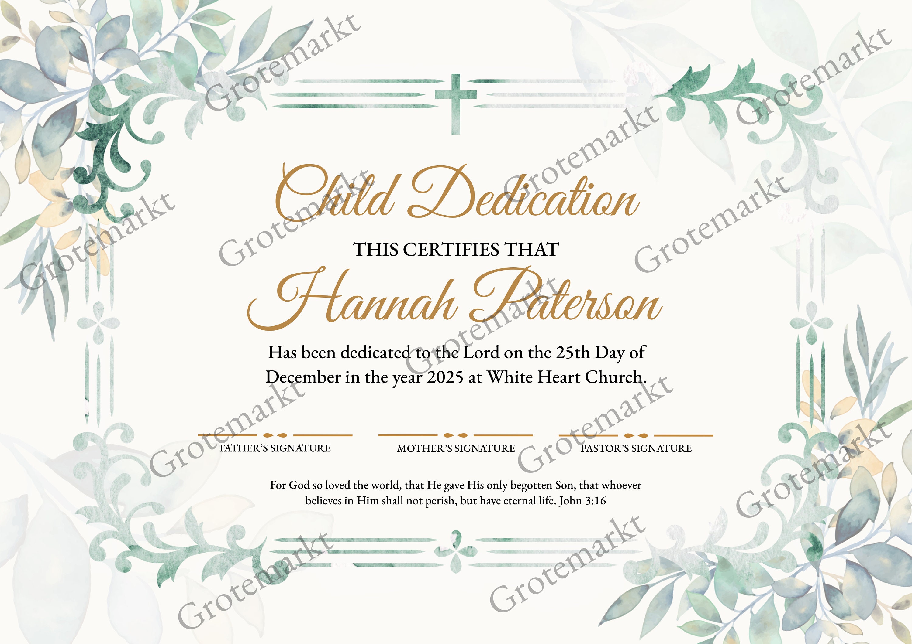 Personalized Child Dedication Certificate Template, Baptism, Children ...