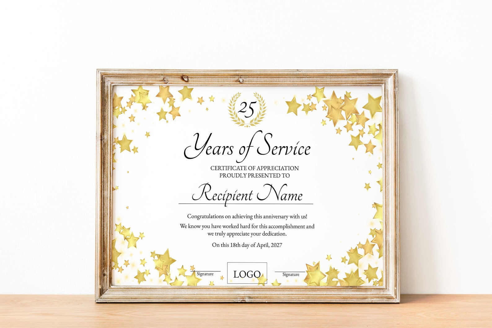 25 Years of Service Anniversary Award Certificate of Appreciation ...