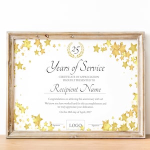 25 Years of Service Anniversary Award Certificate of Appreciation ...