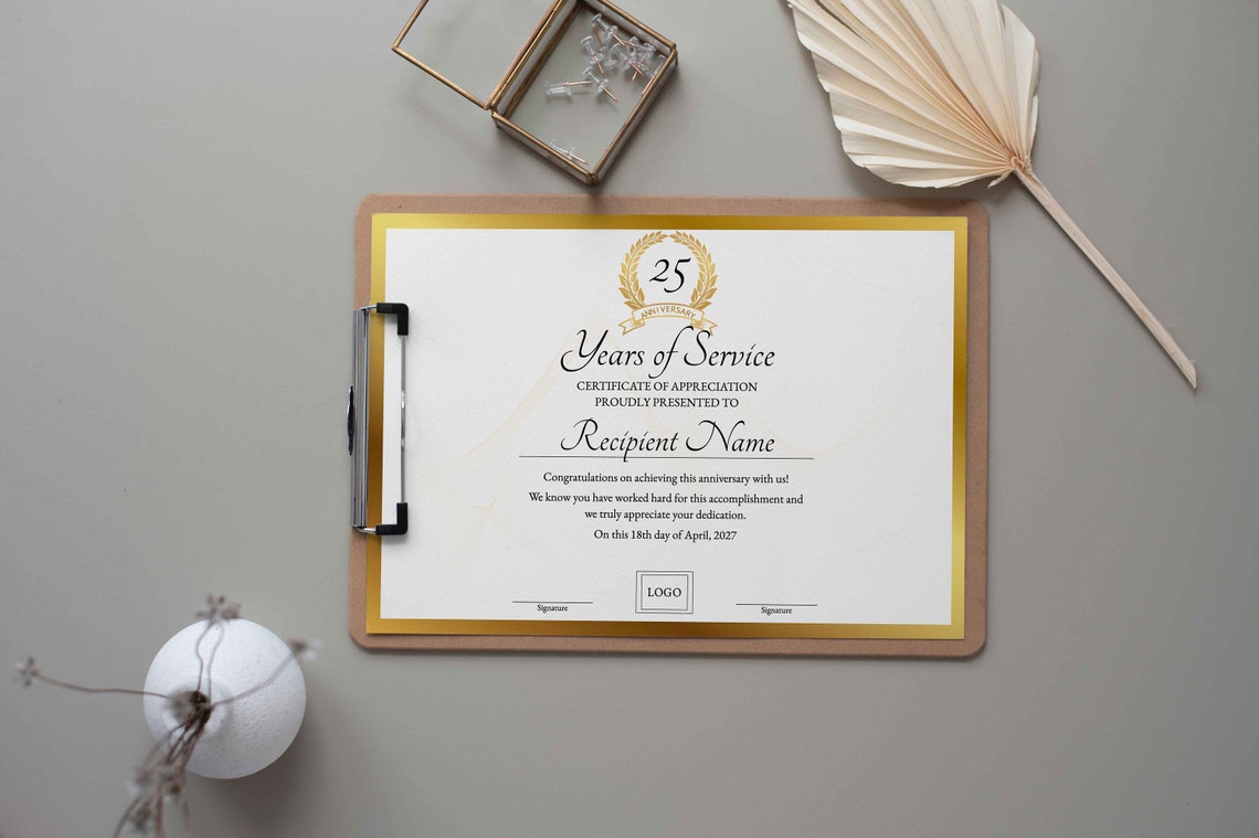 25 Years of Service Anniversary Award Certificate of Appreciation ...