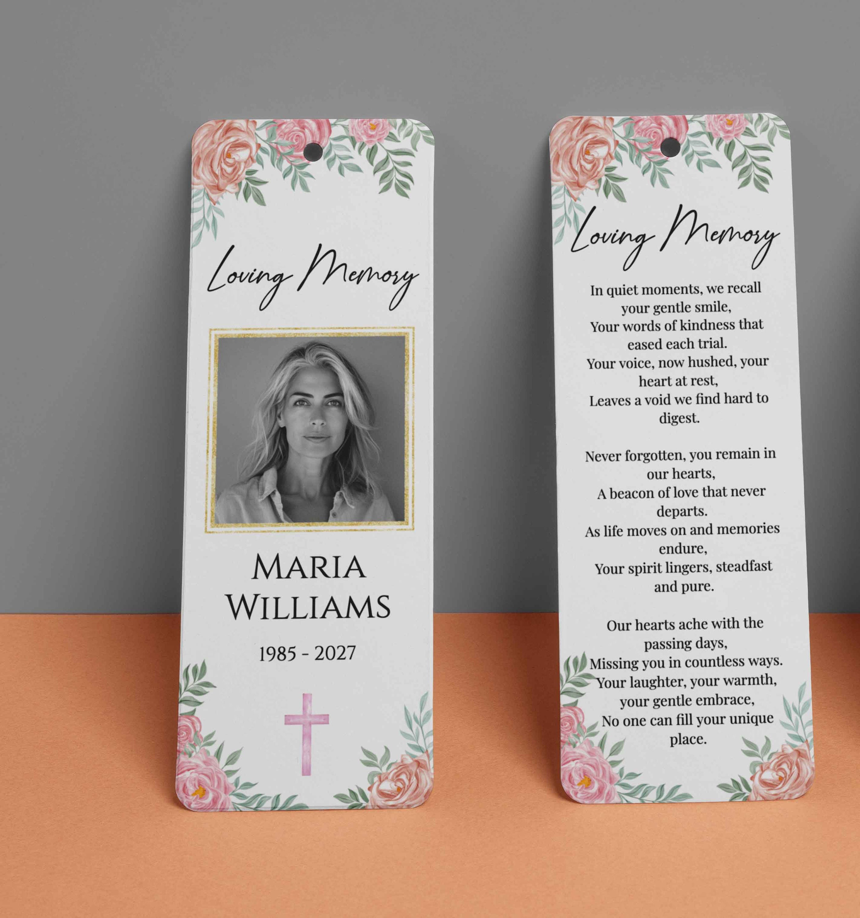 Blush Floral Funeral Bookmark Template Gold and Pink Rose Bookmark ...