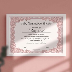 Editable Baby Girl Naming Certificate Template Printable Pink ...
