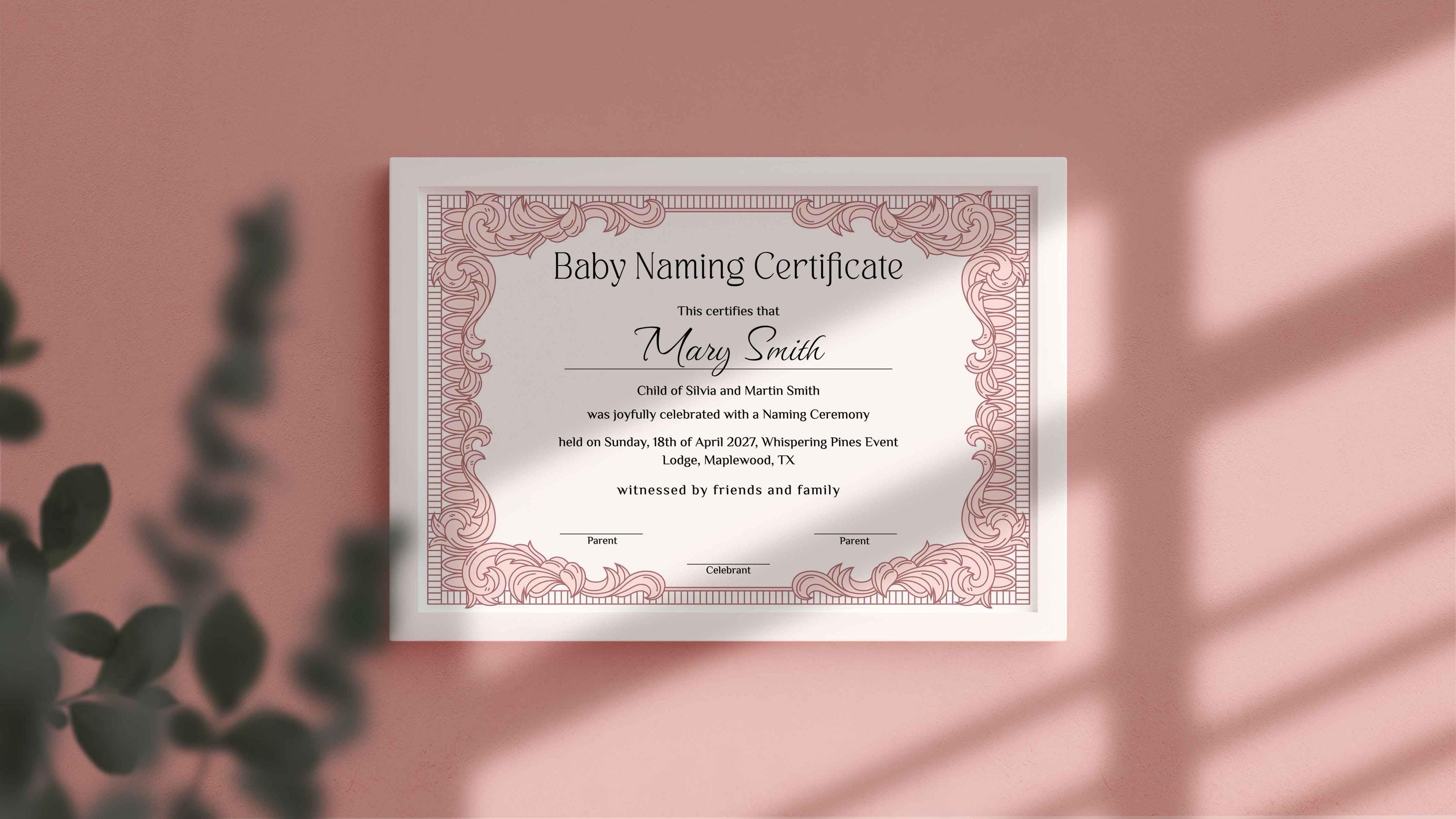 Editable Baby Girl Naming Certificate Template Printable Pink ...