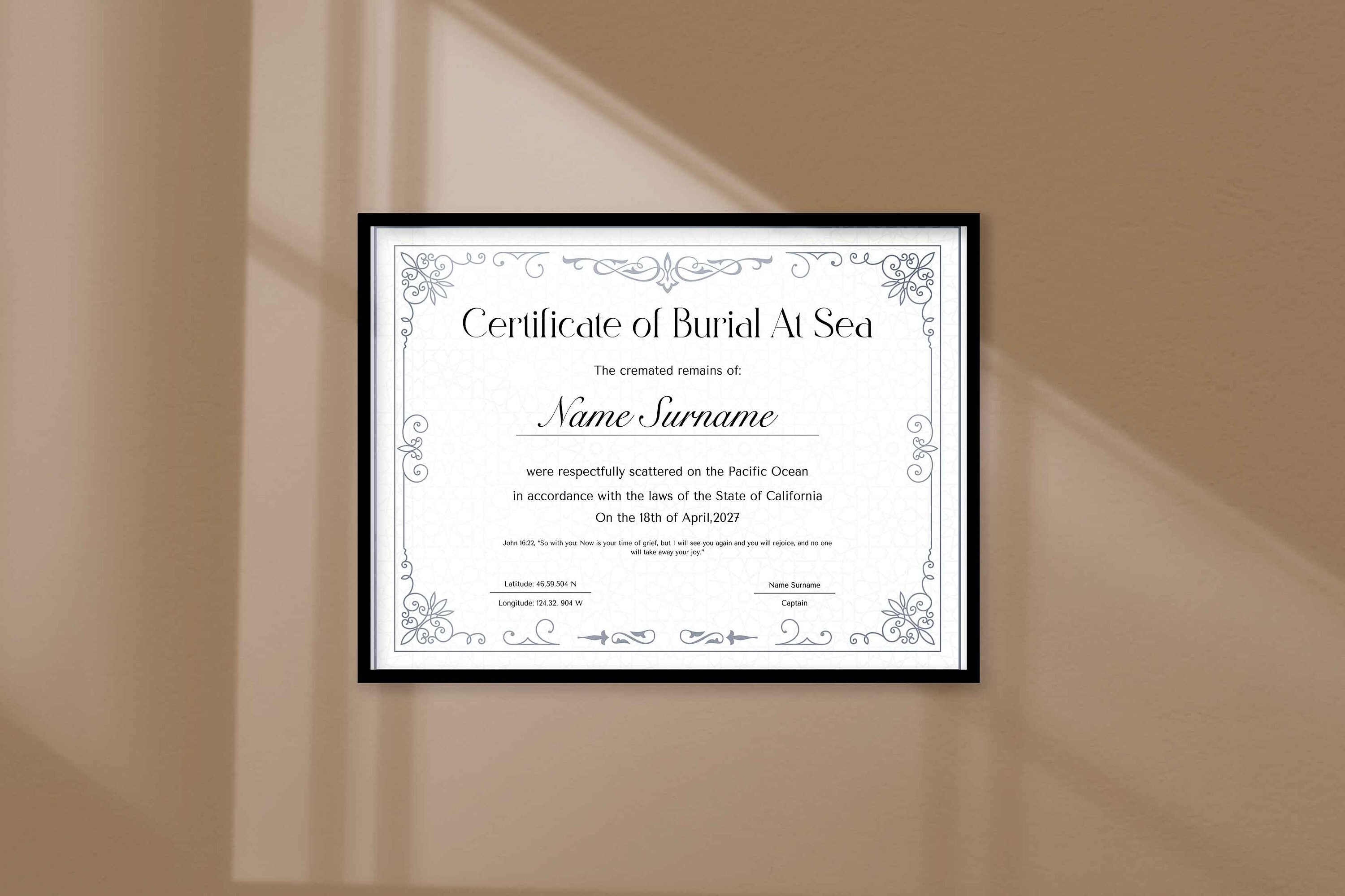 Certificate of Burial at Sea, Spreading Ashes at Sea, Sea Scattering ...