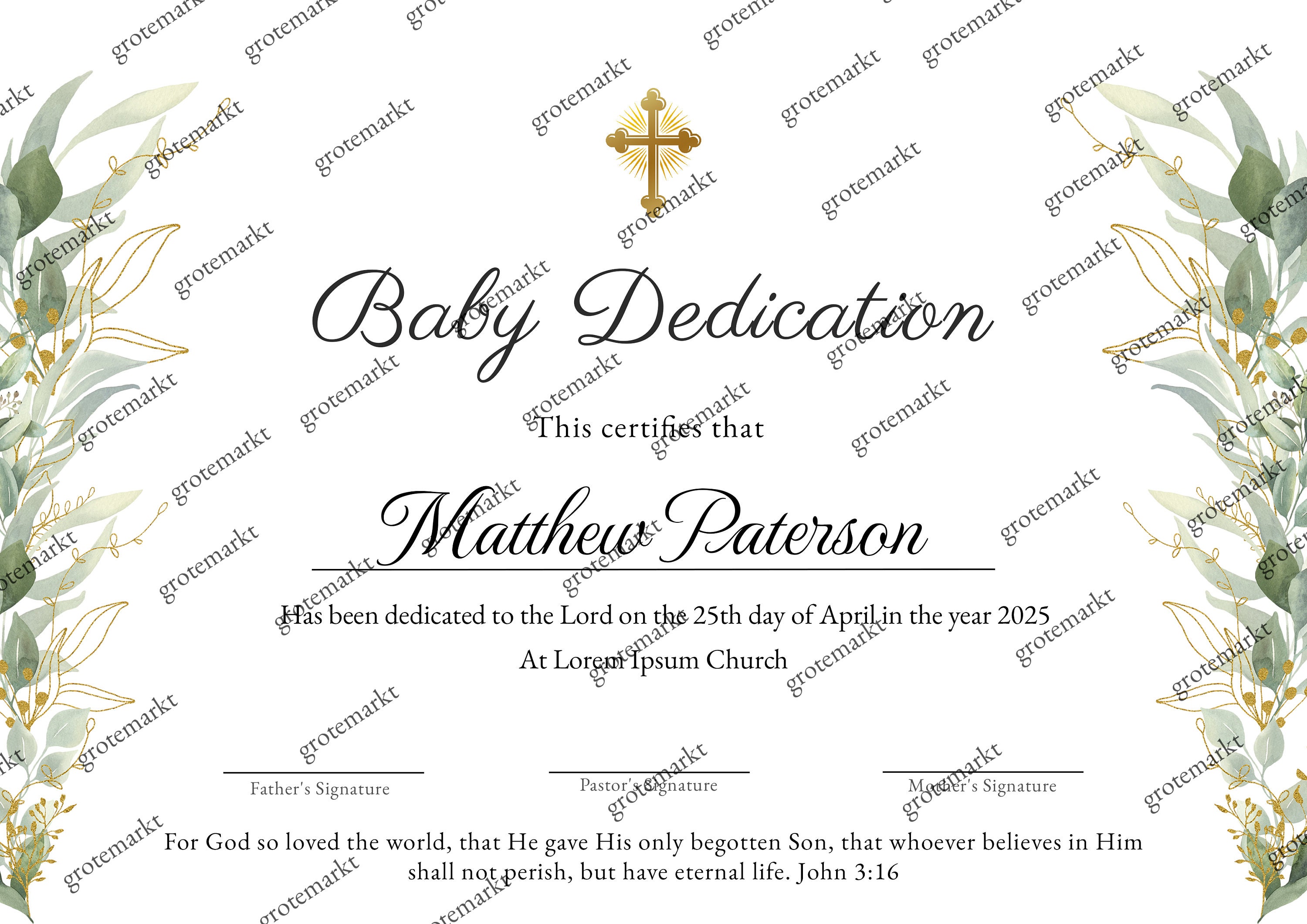 Baby Dedication Certificate Template, Baptism, Baby Christening ...