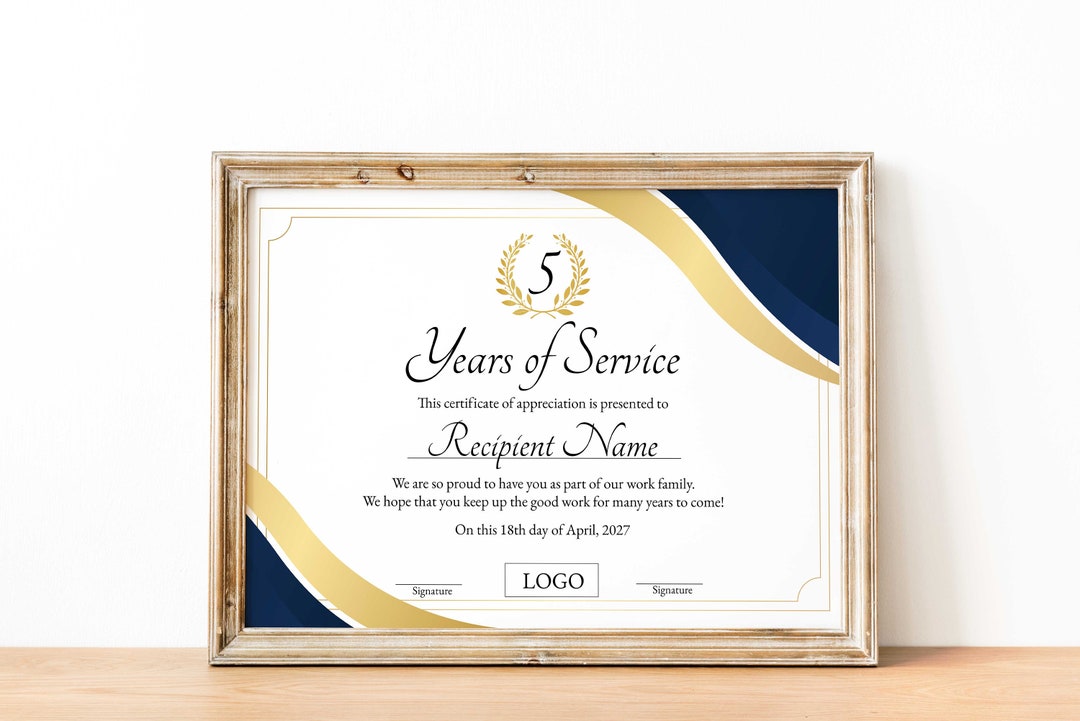 5 Years of Service Anniversary Award Certificate of Appreciation Employee Recognition EDITABLE ...