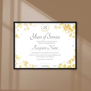 25 Years of Service Anniversary Award Certificate of Appreciation ...