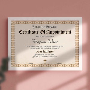Editable Appointment Certificate Template, Printable Bishop Pastor ...