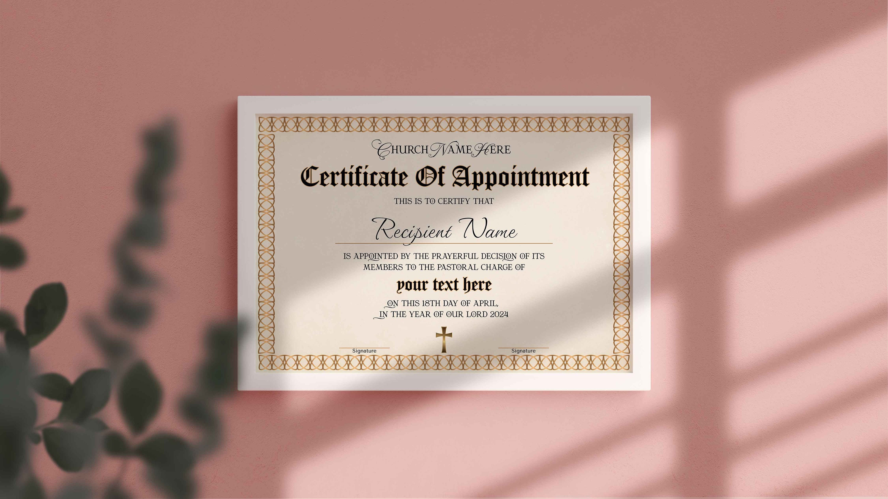 Editable Appointment Certificate Template, Printable Bishop Pastor ...