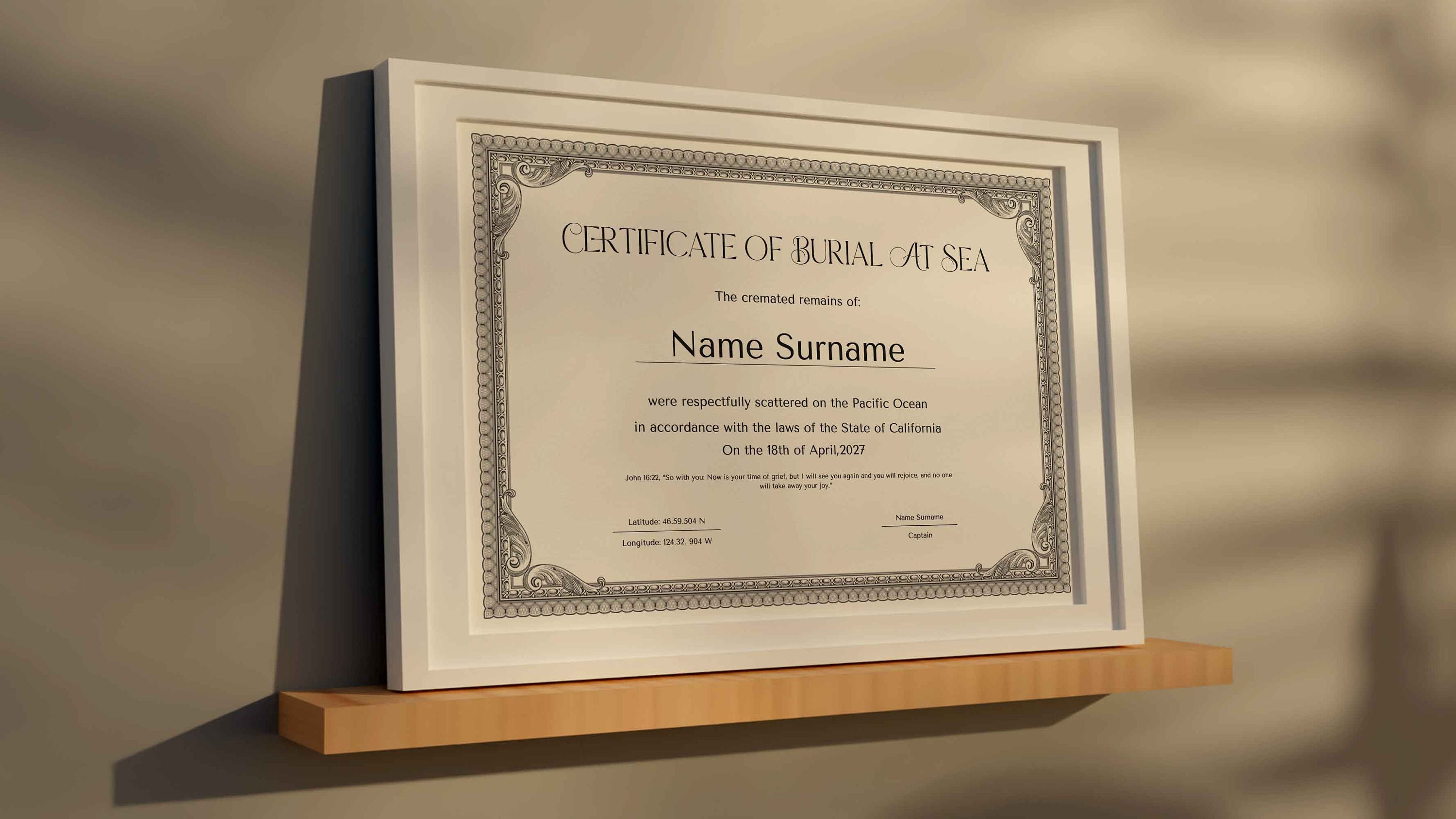 Certificate of Burial at Sea, Spreading Ashes at Sea, Sea Scattering ...