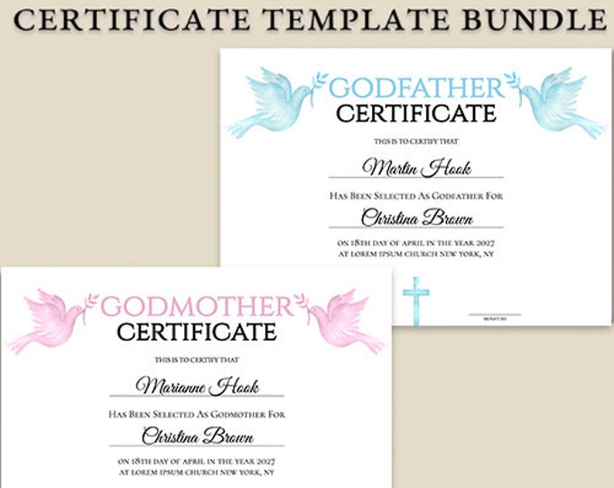 Editable Godparents Certificate Template, Godmother Godfather Printable ...