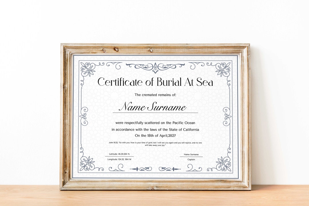 Certificate of Burial at Sea, Spreading Ashes at Sea, Sea Scattering ...