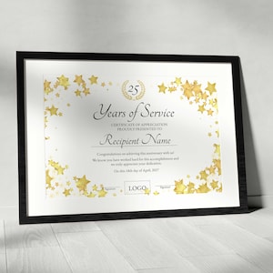 25 Years of Service Anniversary Award Certificate of Appreciation ...