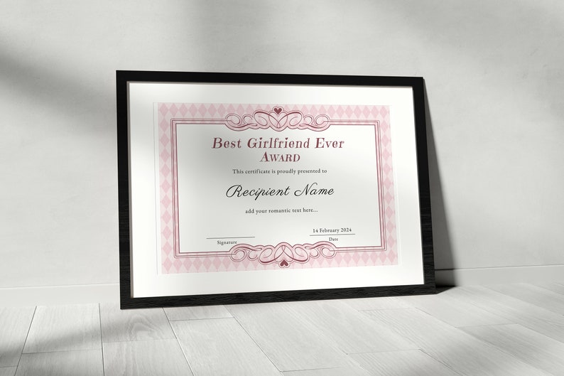 Valentines Day Best Girlfriend Ever Award Certificate Template ...