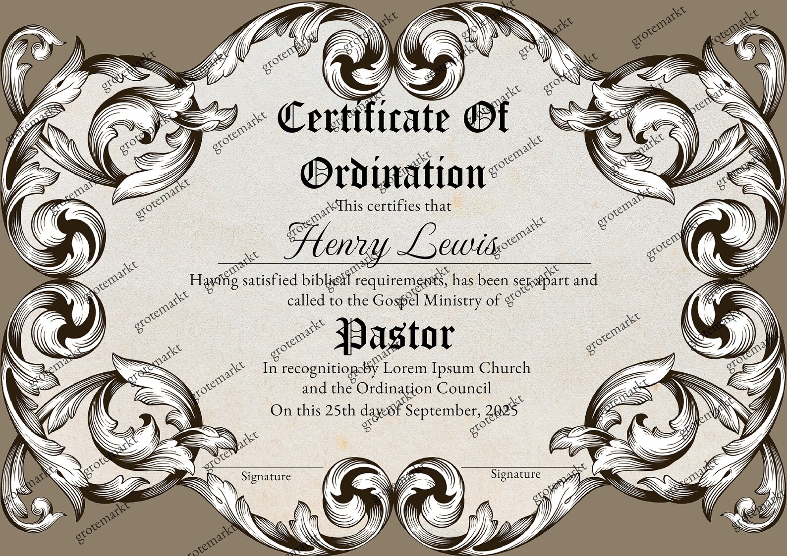Pastor Ordination Certificate Template, Editable Certificate of ...