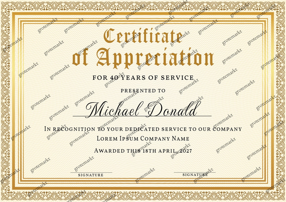 Editable Years of Service Certificate of Appreciation Template, Elegant ...