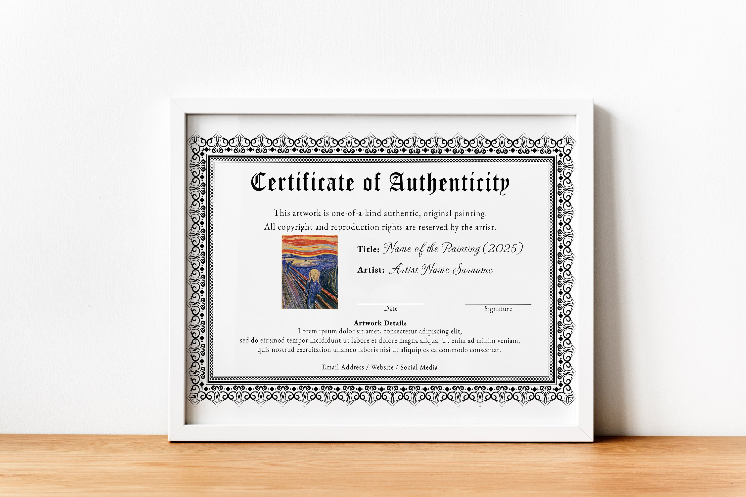 Certificate of Authenticity for Artwork, Editable Certificate of ...