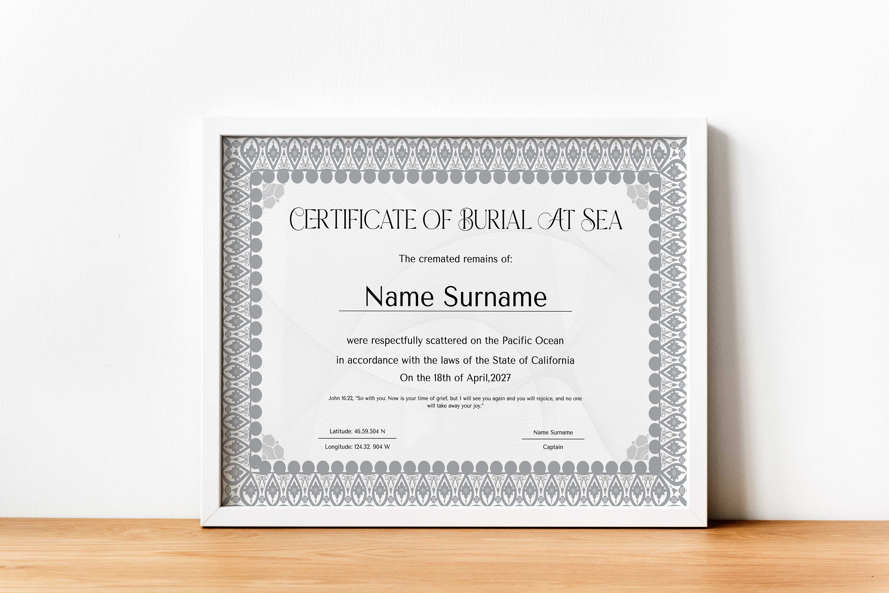 Certificate of Burial at Sea, Spreading Ashes at Sea, Sea Scattering ...
