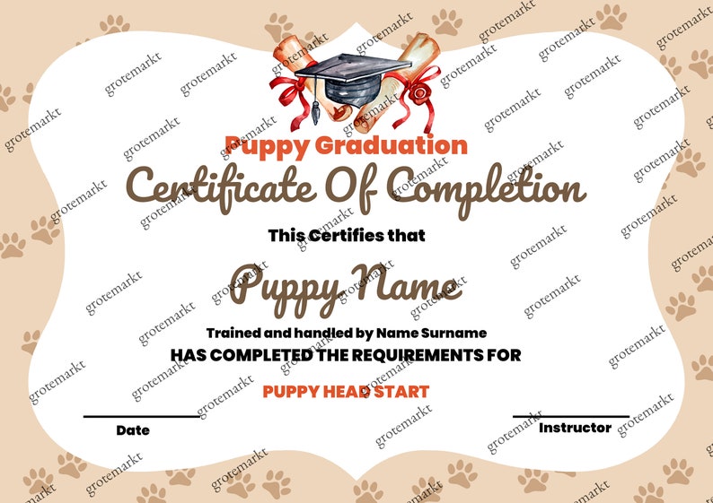 Puppy Graduation Certificate Template, Editable Dog Obedience Training ...