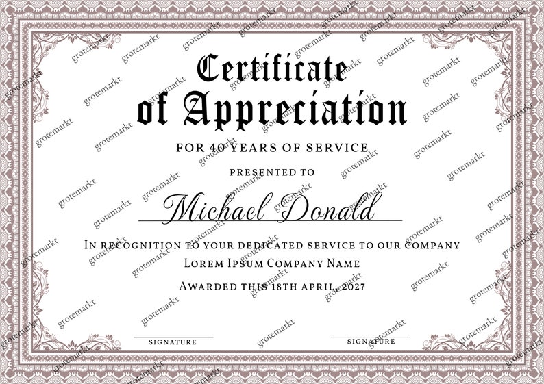 Editable Years of Service Certificate of Appreciation Template, Elegant Corporate Employee Award ...