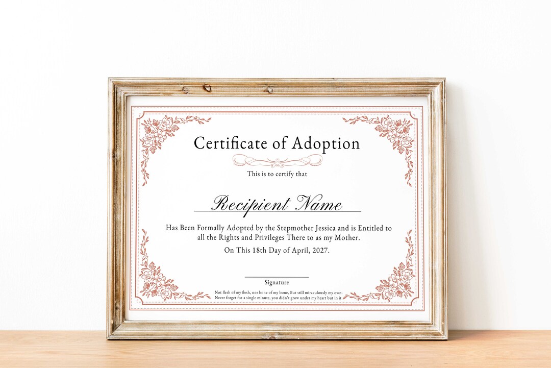 Stepmother Adoption Certificate Template, Editable Printable Adoption ...