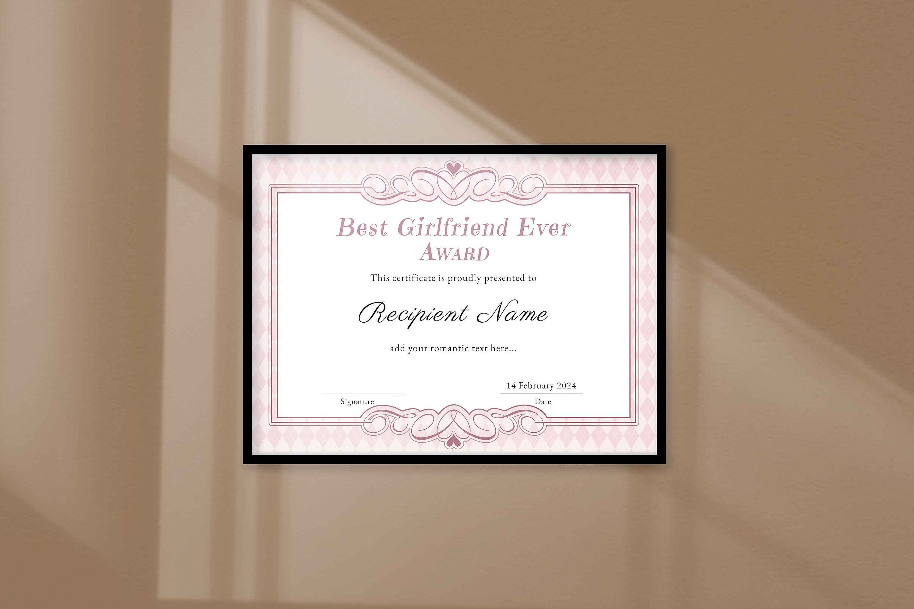 Valentines Day Best Girlfriend Ever Award Certificate Template ...
