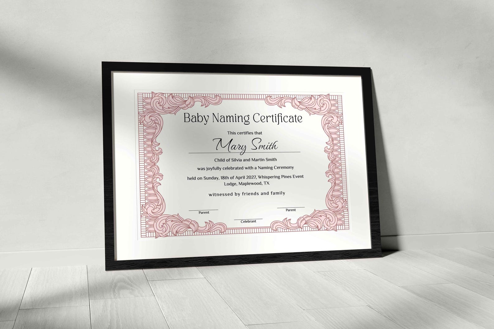 Editable Baby Girl Naming Certificate Template Printable Pink ...