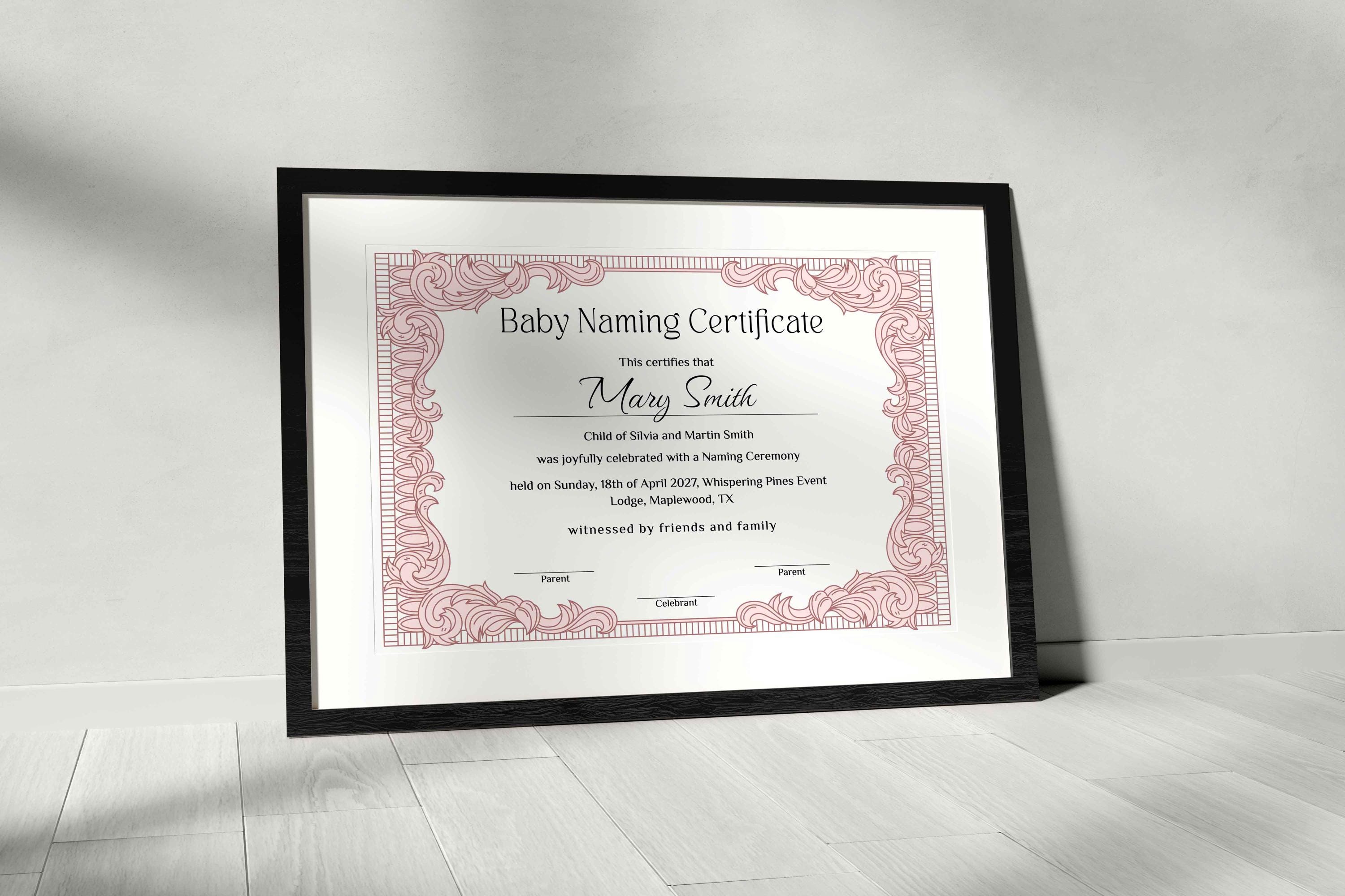 Editable Baby Girl Naming Certificate Template Printable Pink ...