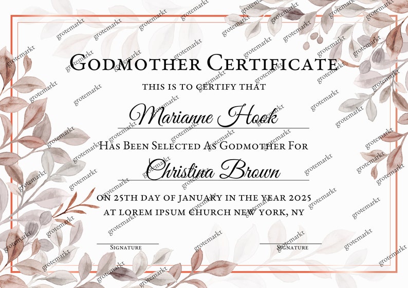 Godmother Certificate Template, 100% Editable, Godfather Certificate ...