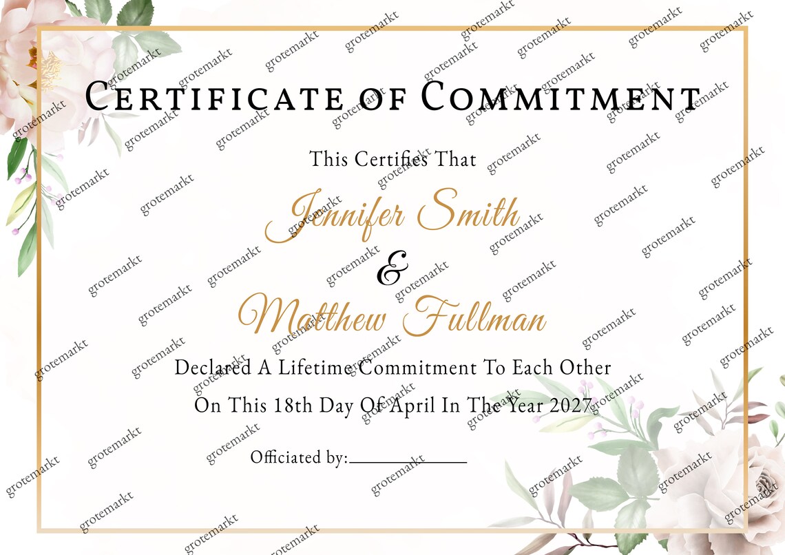 Elegant Certificate of Commitment Template, Printable Marriage ...