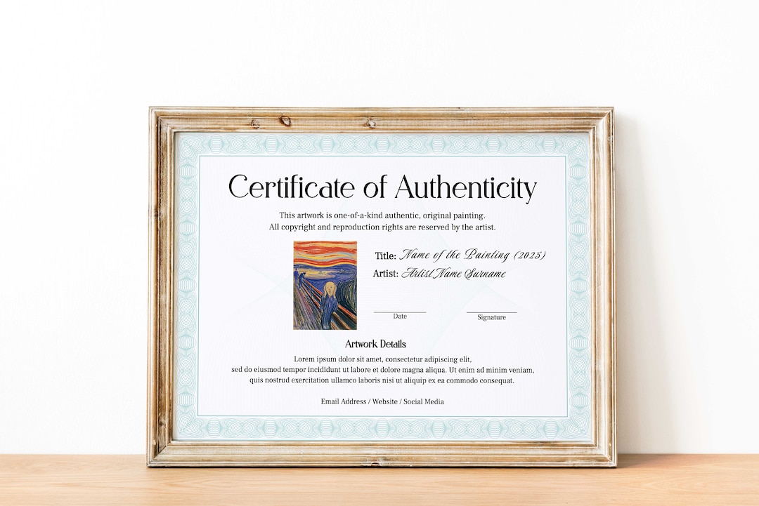 PRINTABLE Certificate of Authenticity for Original Artwork Coa Artist ...