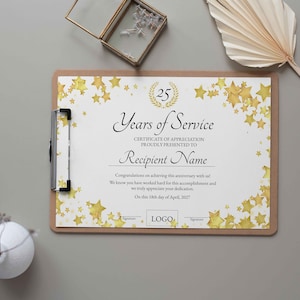 25 Years of Service Anniversary Award Certificate of Appreciation ...