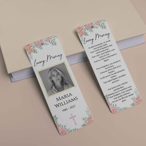 Blush Floral Funeral Bookmark Template Gold and Pink Rose Bookmark ...