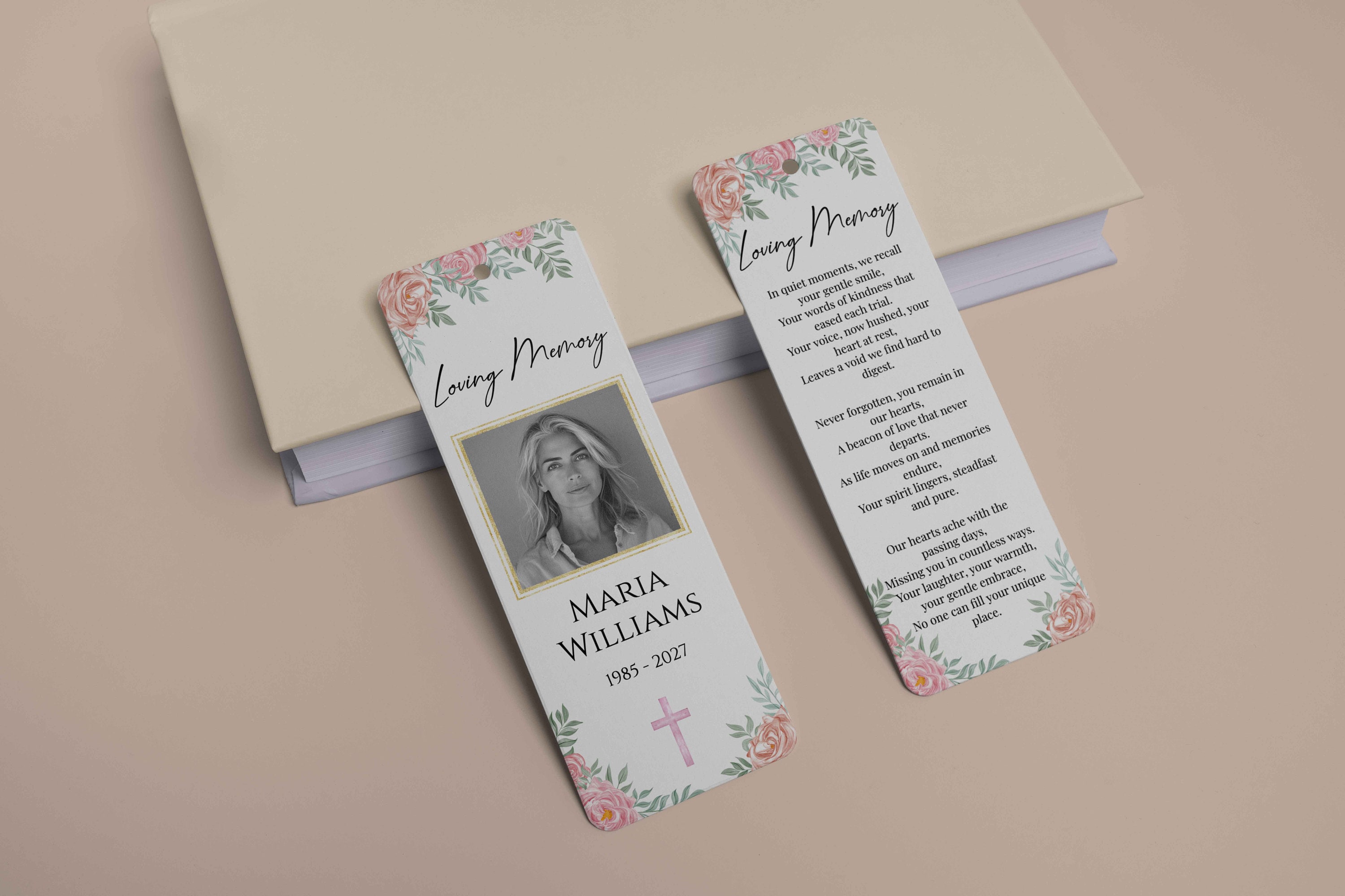 Blush Floral Funeral Bookmark Template Gold and Pink Rose Bookmark ...