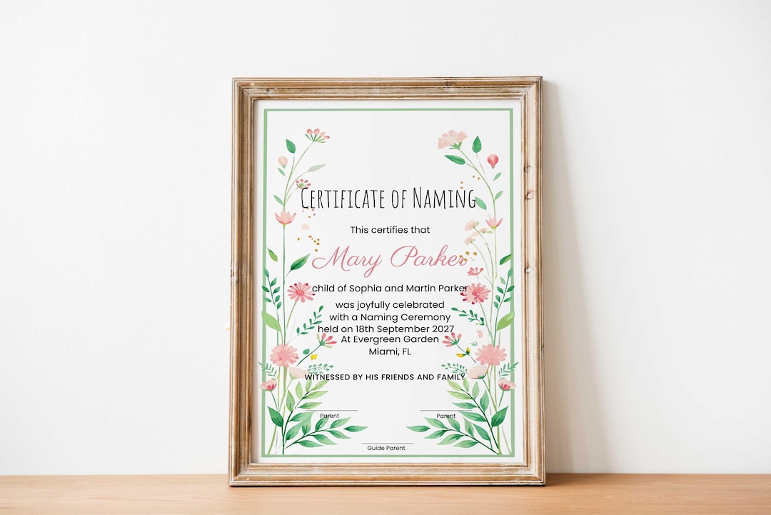 Cute Baby Naming Certificate Template Editable Printable Certificate of ...