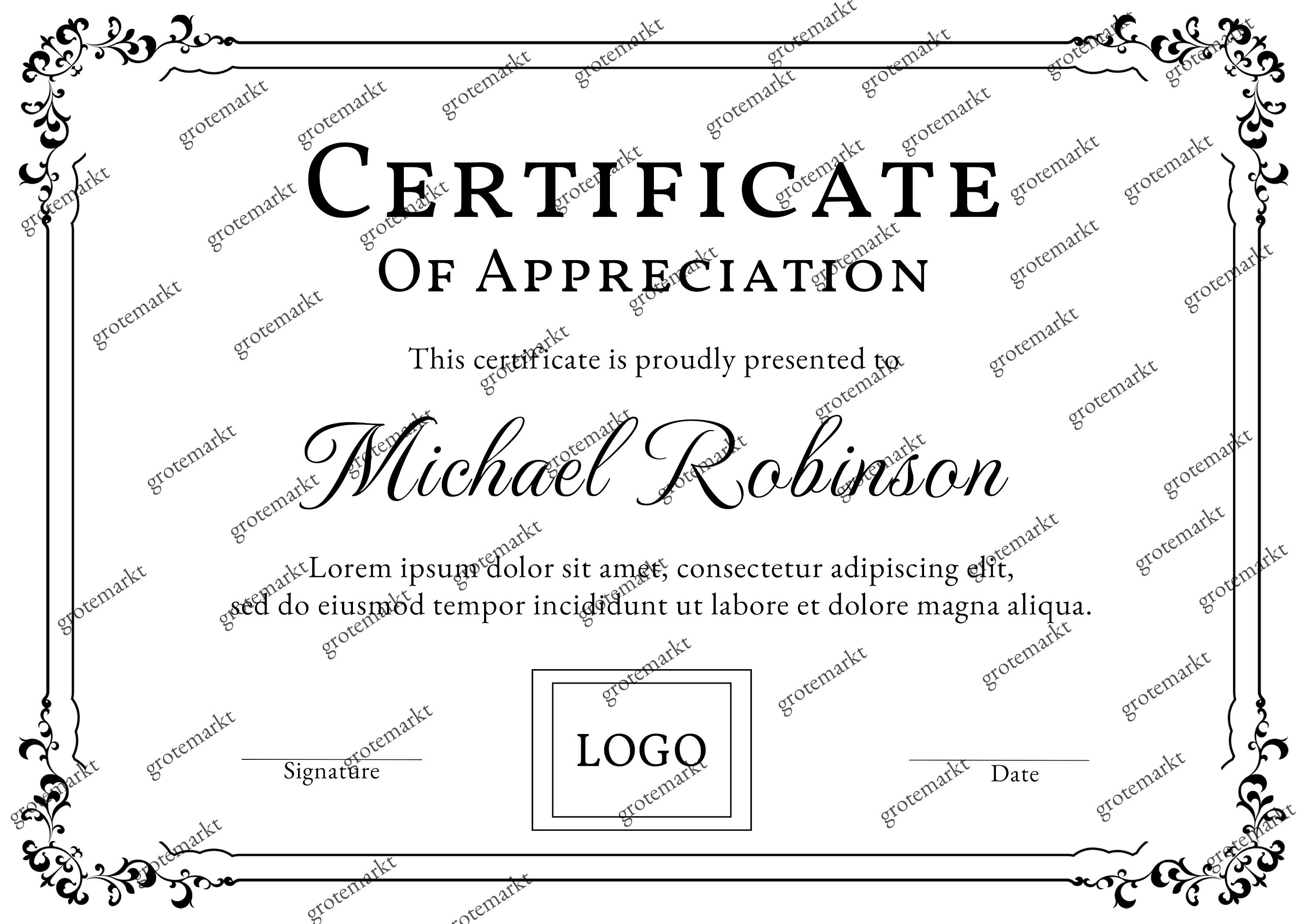 Editable Certificate Of Appreciation Custom Award Certificate Template