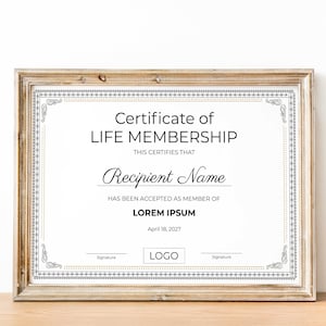 Life Membership Certificate Template, Editable Printable Elegant ...