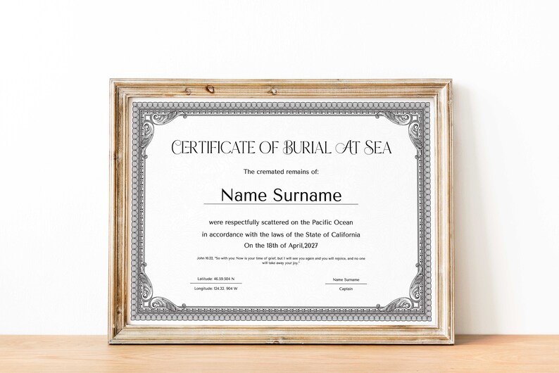 Certificate of Burial at Sea, Spreading Ashes at Sea, Sea Scattering ...
