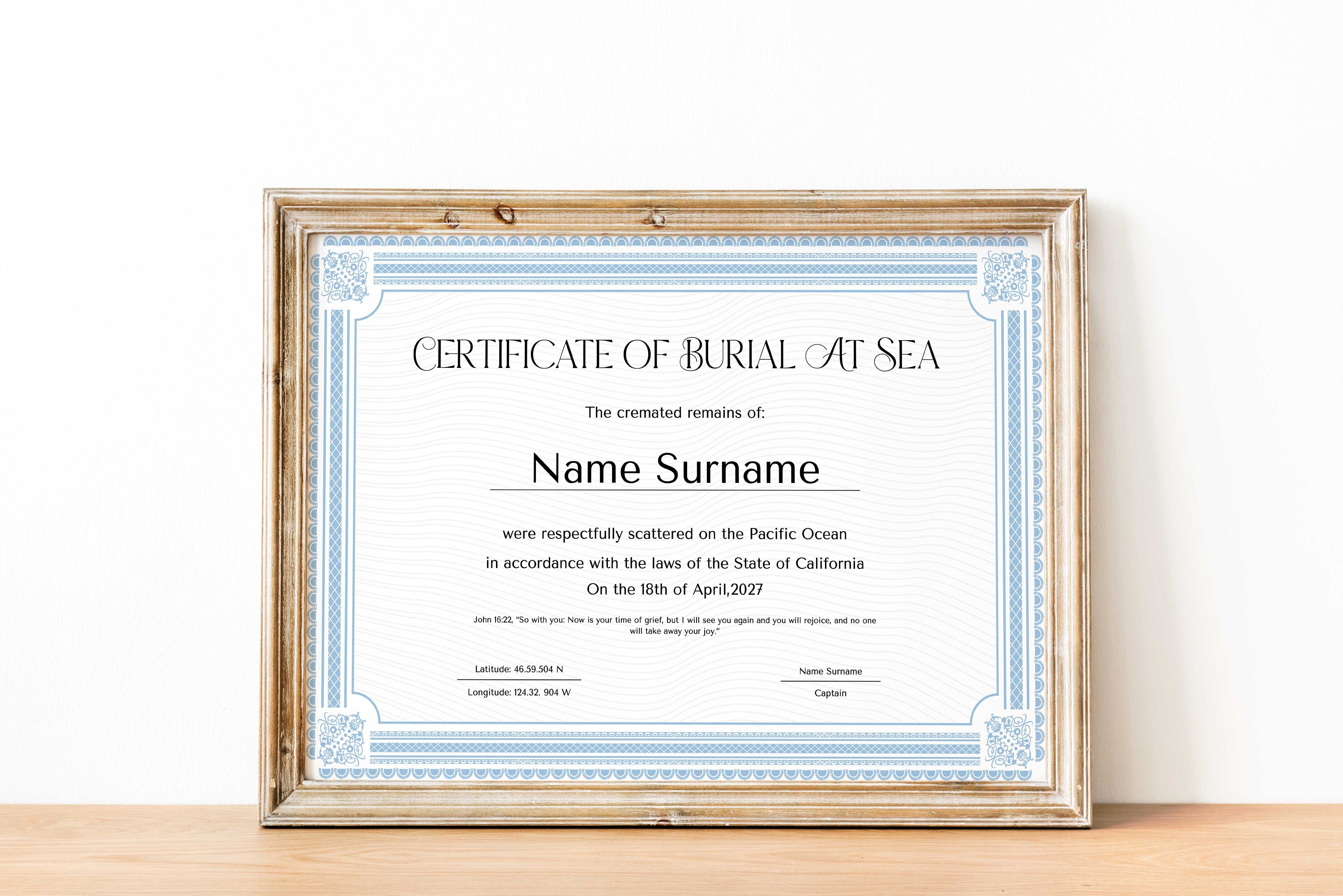 Certificate of Burial at Sea, Spreading Ashes at Sea, Sea Scattering ...